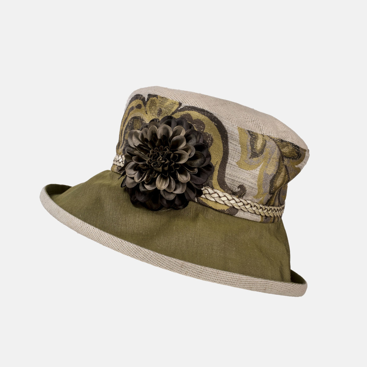 Olive and Cream Vintage Fabric Hat with Flower and Gold Plait Decorati ...